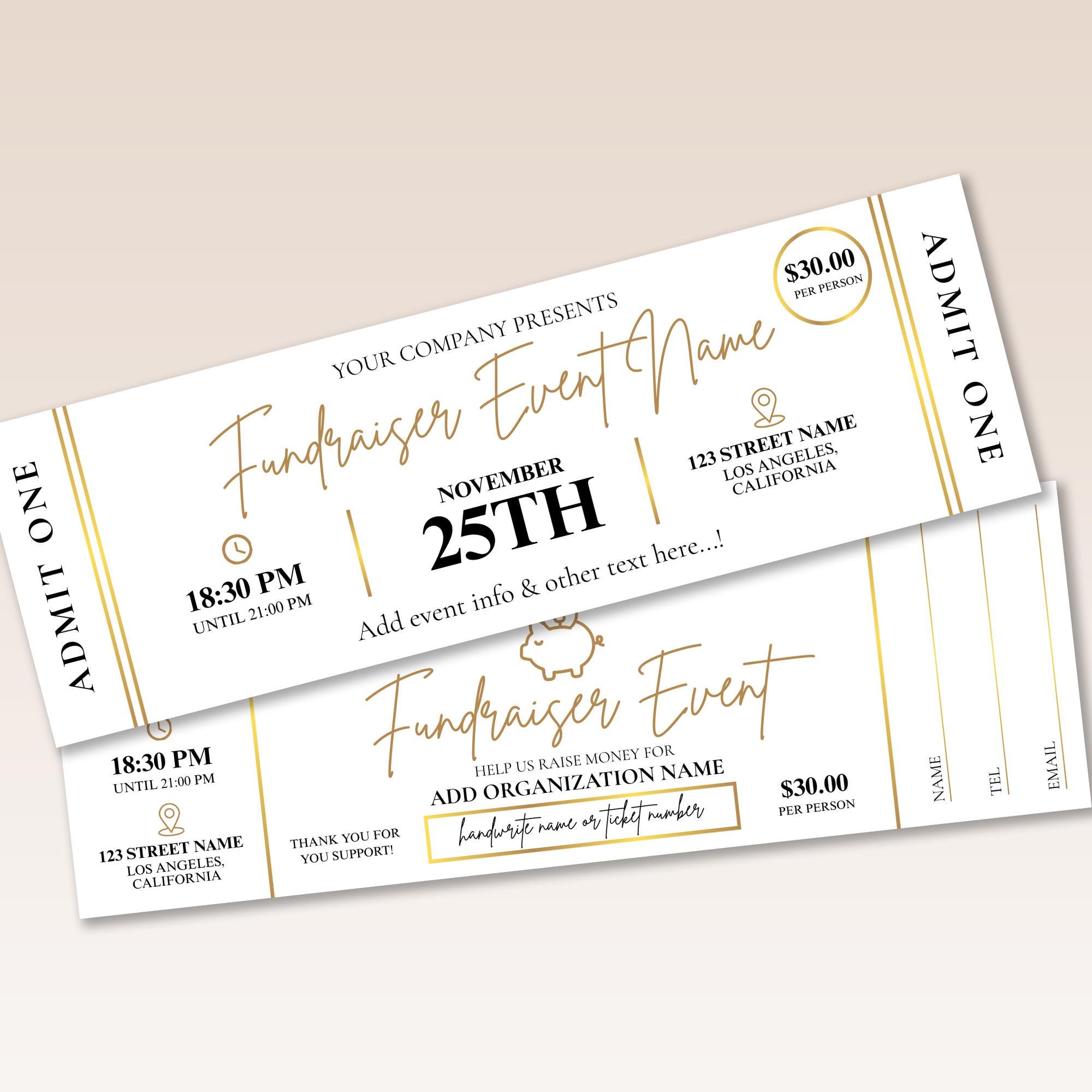 Fundraiser Event Ticket Template, Faux Gold Charity Raffle Ticket With ...