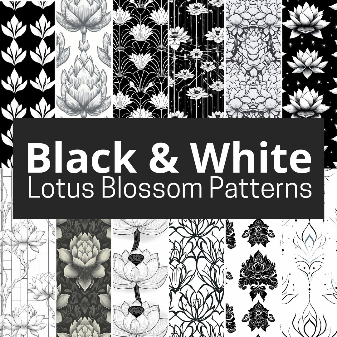 Black & White Seamless Lotus Blossom Floral Pattern Bundle ...