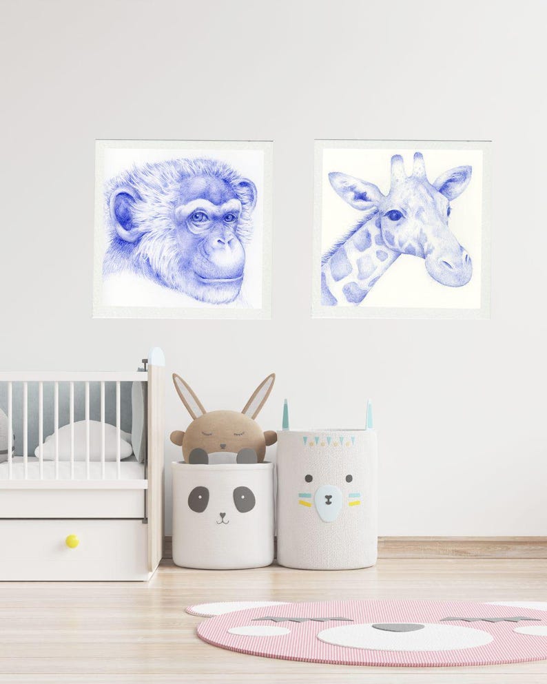 Jungle Animal Prints, Pen and Ink Giraffe and Monkey (set of 2) - Etsy