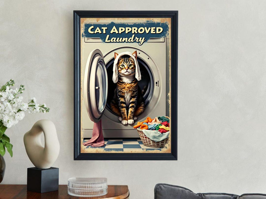 Vintage Cat Laundry Poster, Funny Cat Wall Art, Cat Lover Gift, Laundry ...
