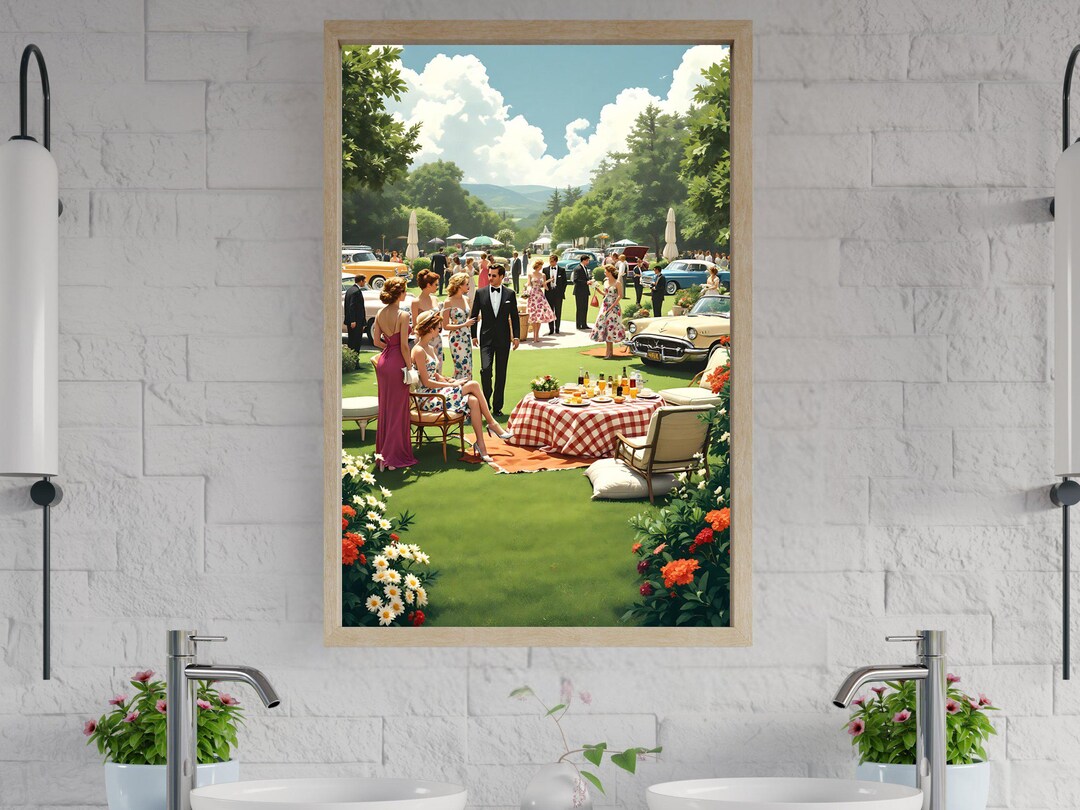 Retro Garden Party Wall Art, Vintage Picnic Scene Print, Elegant ...