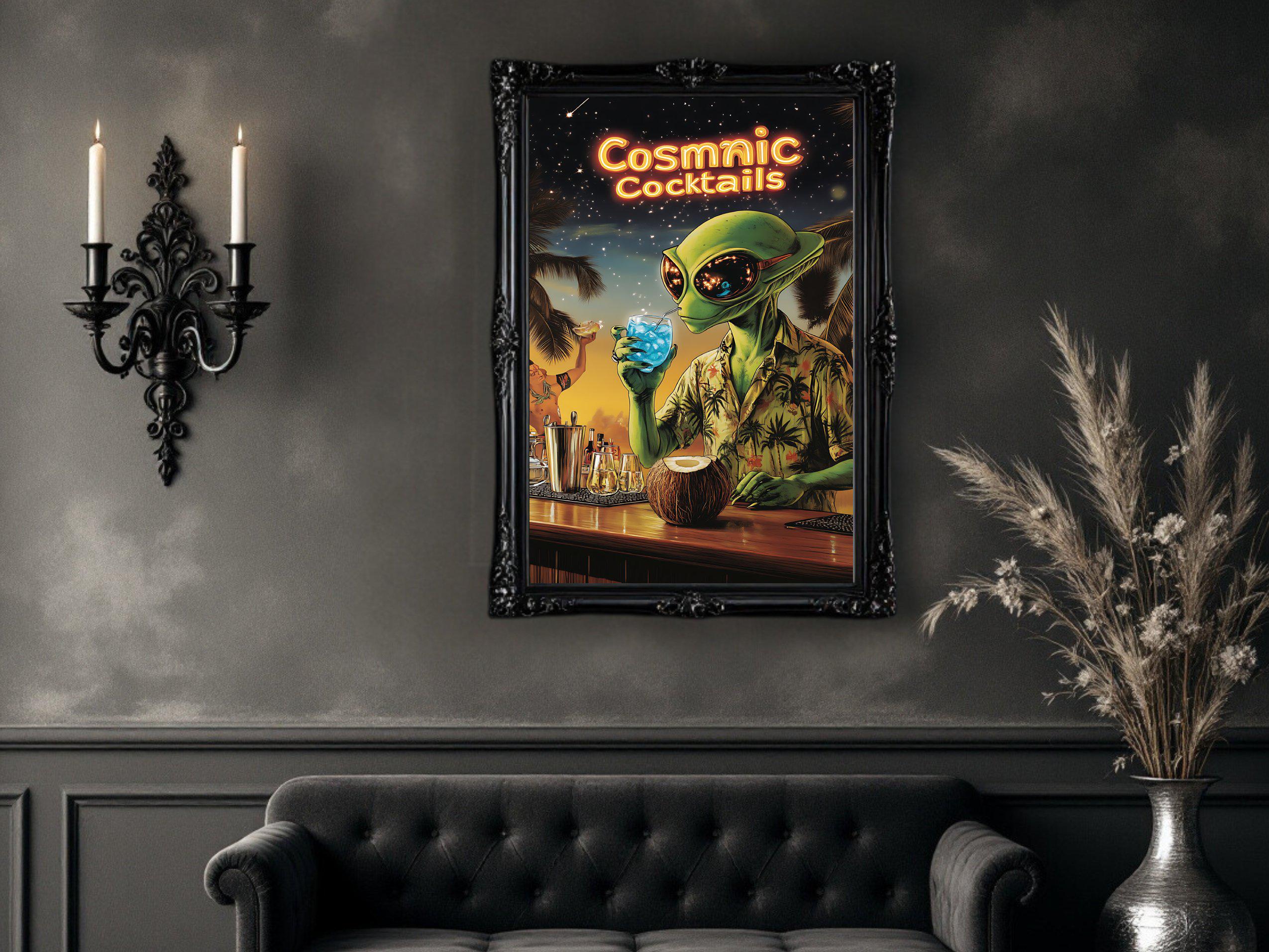 Retro Alien Art, Cosmic Cocktails Poster, Sci-fi Alien Bar Decor, Space ...