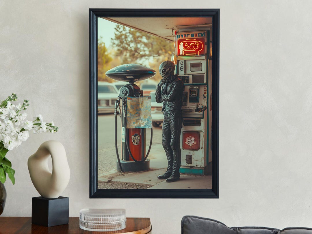 Retro Sci-fi Alien Gas Station Wall Art, Futuristic Vintage Poster ...