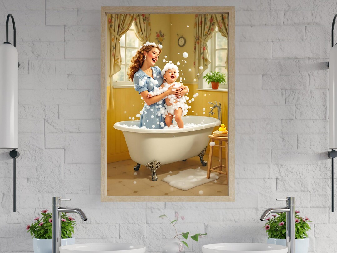 Vintage Mother and Child Wall Art, Retro Bathroom Decor Print, Adorable Baby Bath Time Poster ...