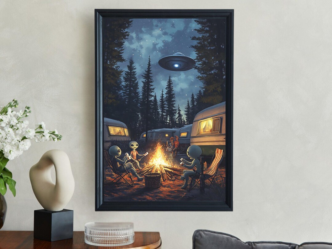 Alien Camping Scene UFO Art, Retro Sci Fi Wall Art Print, Alien Family ...