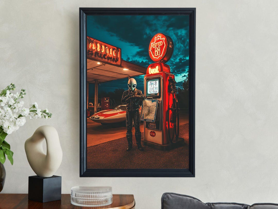 Vintage Alien Gas Station Wall Art, Retro Sci-fi Poster, Alien Artwork ...