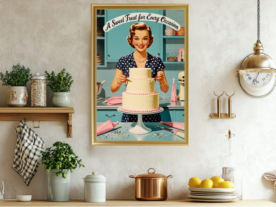 Vintage Kitchen Wall Art, Retro Woman Decorating Cake, 1950s Style ...