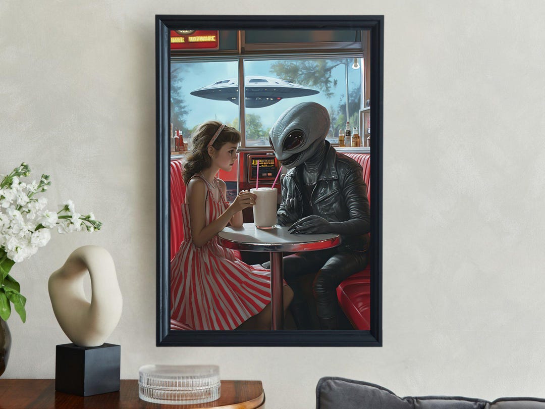 Alien Diner Encounter Wall Art, Retro Sci-fi Art Print, Surreal Alien ...