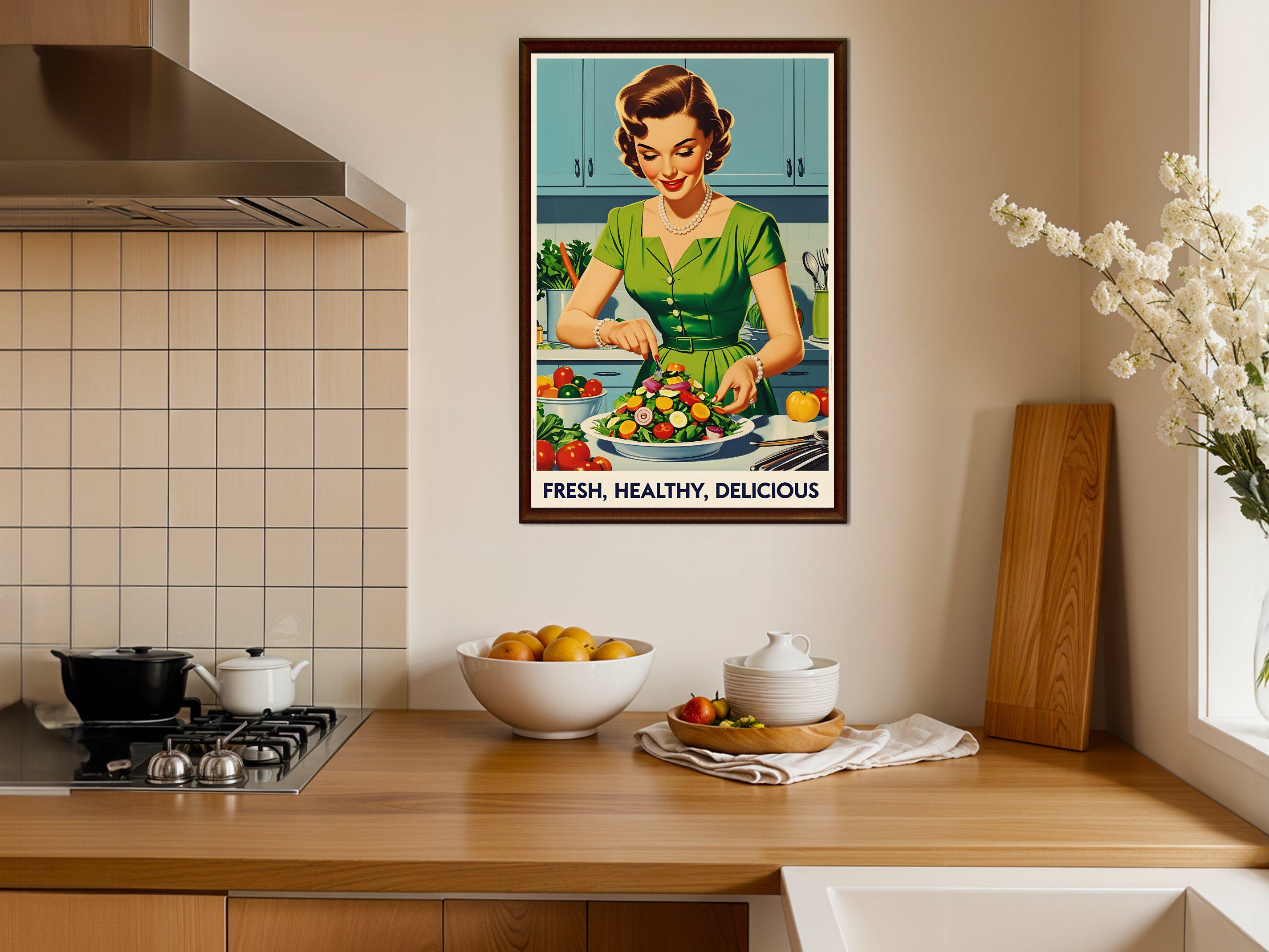 Vintage Kitchen Wall Art, Retro Woman Cooking Print, Healthy Food ...