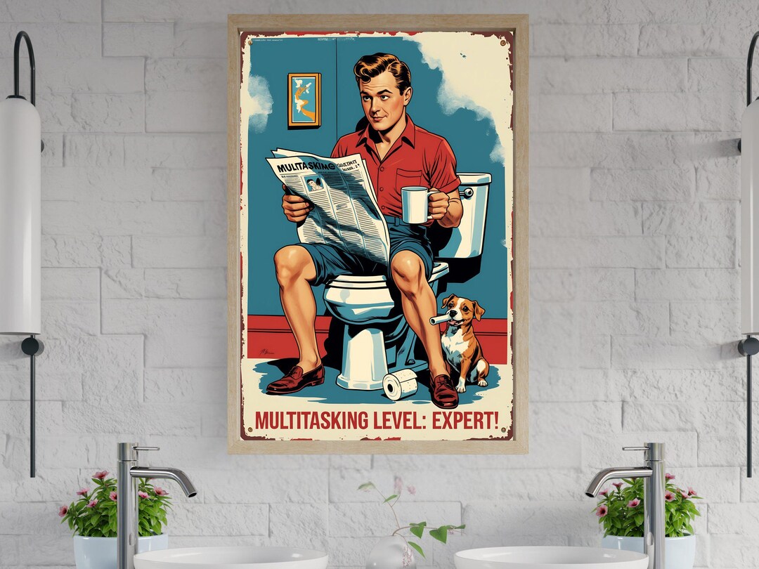 Funny Bathroom Wall Art, Retro Man Humor Poster, Multitasking Level Expert, Quirky Restroom ...