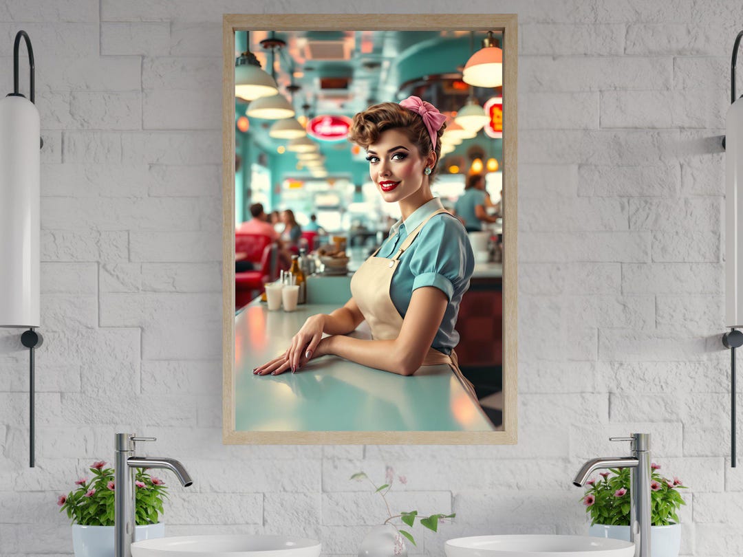 Retro Diner Waitress Wall Art, 1950s Nostalgia Decor, Vintage American ...
