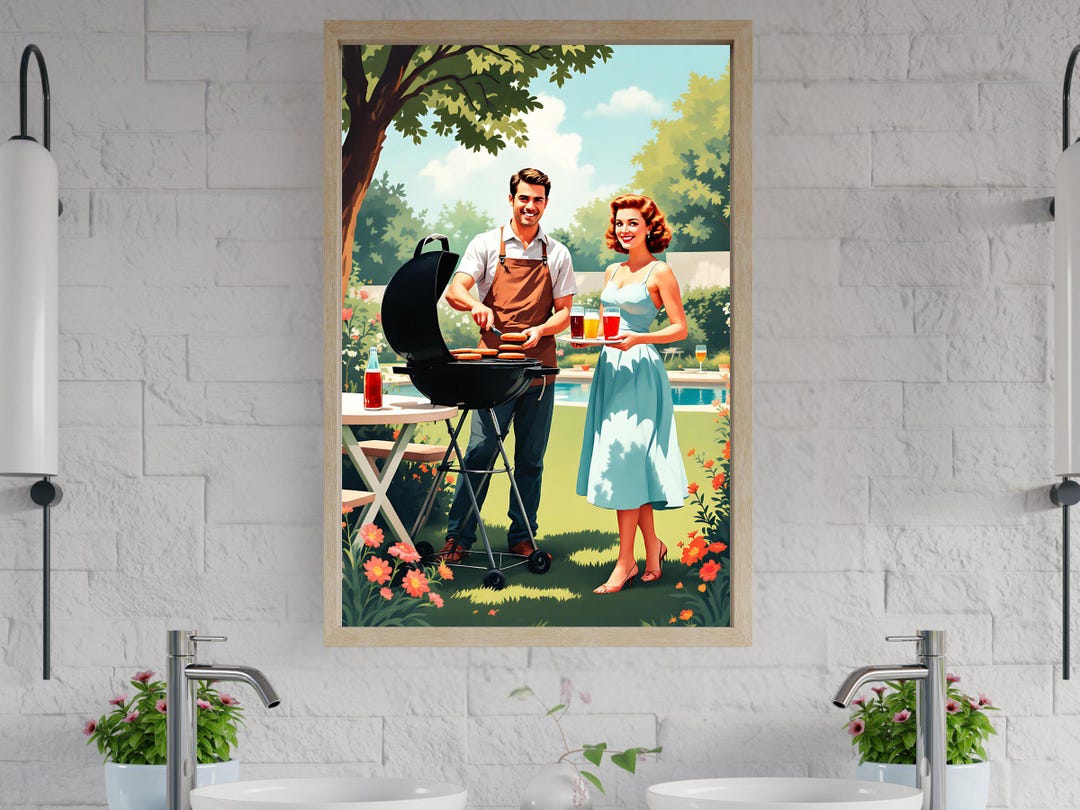 Retro Barbecue Art Print, Vintage Summer Outdoor Scene, Mid-century ...