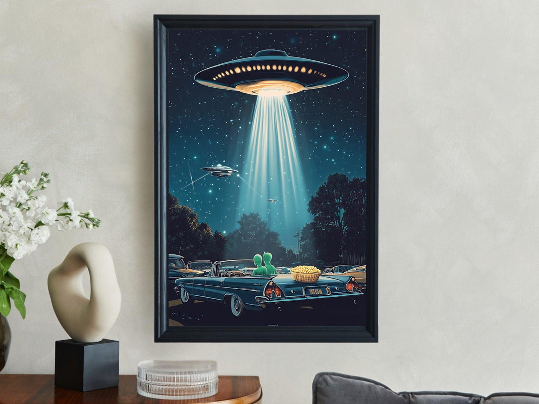 Retro UFO Drive-in Movie Wall Art, Sci-fi Alien Night Sky Print, Mid ...
