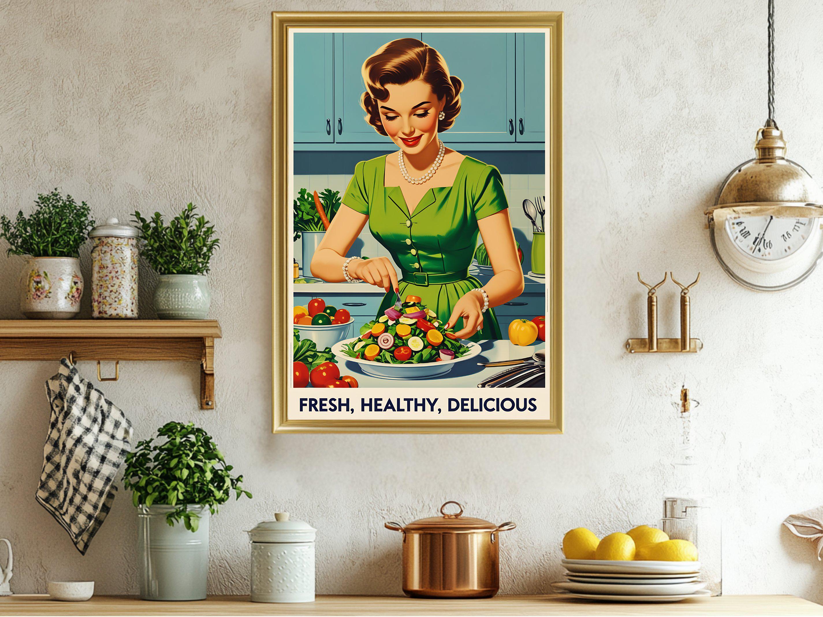 Vintage Kitchen Wall Art, Retro Woman Cooking Print, Healthy Food ...