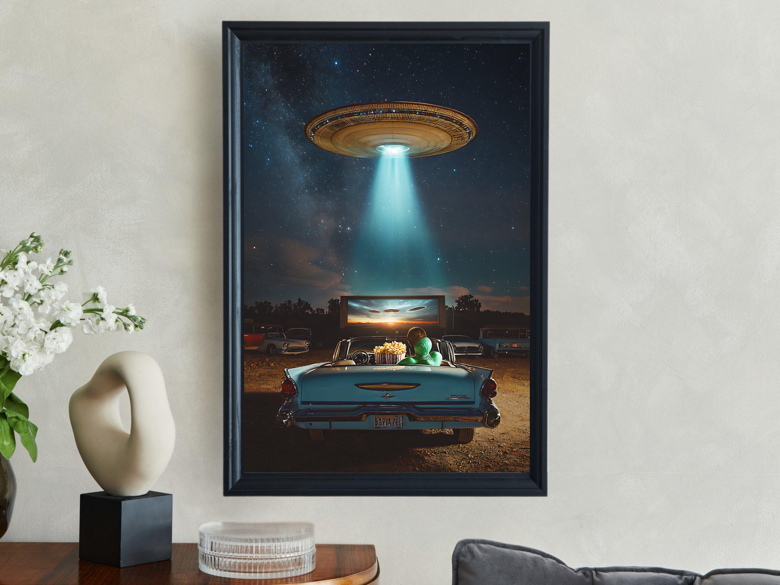 Retro UFO Drive-in Movie Wall Art, Vintage Science Fiction Poster ...