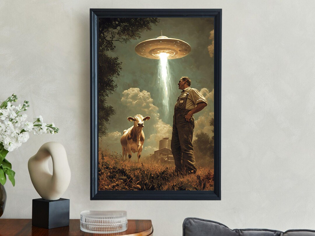 UFO Alien Abduction Wall Art, Surreal Cow Pasture Scene Poster, Sci-fi ...