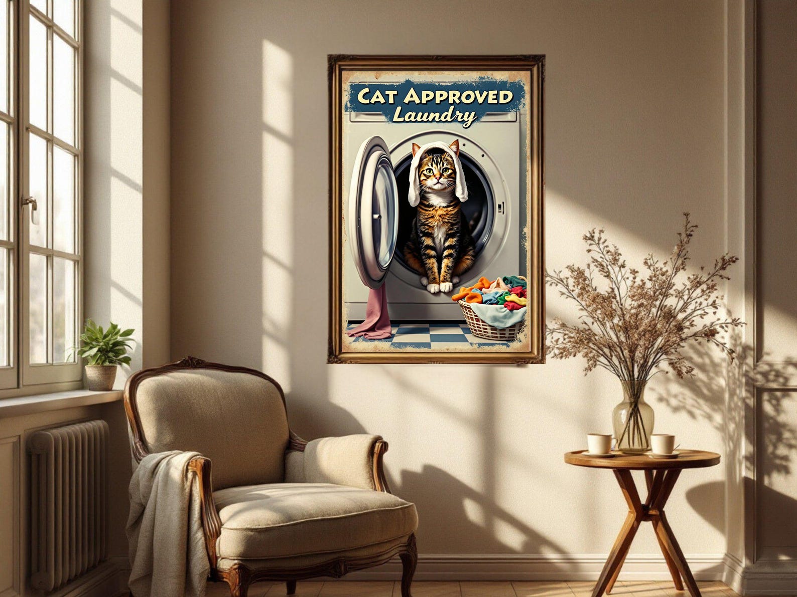 Vintage Cat Laundry Poster, Funny Cat Wall Art, Cat Lover Gift, Laundry ...