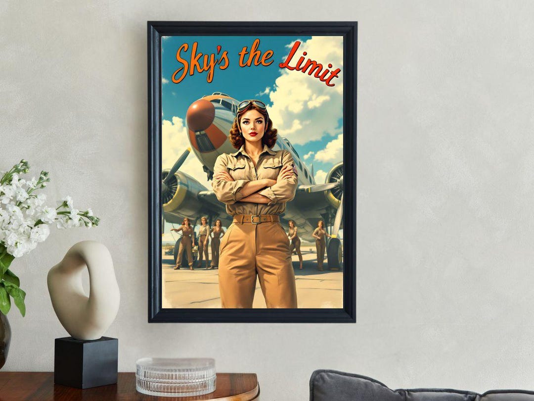 Vintage Aviator Motivational Poster, Sky's the Limit Aviation Art, WWII ...
