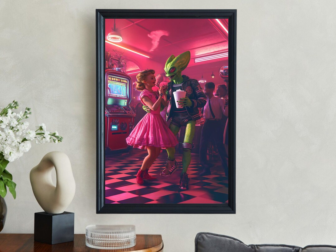 Retro Sci-fi Alien Diner Dance Wall Art, Unique Green Alien Poster, 80s ...