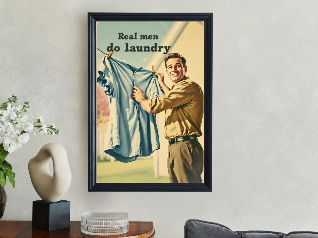 Funny Laundry Wall Art, Retro Style Poster, Real Men Do Laundry Sign, Humorous Home Decor ...