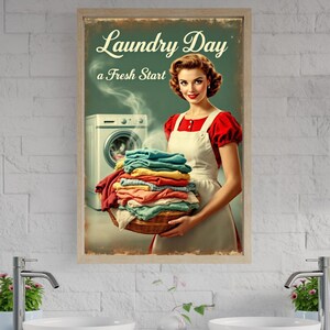 Vintage Laundry Day Wall Art, Retro Woman Washing Machine Print, Fresh ...