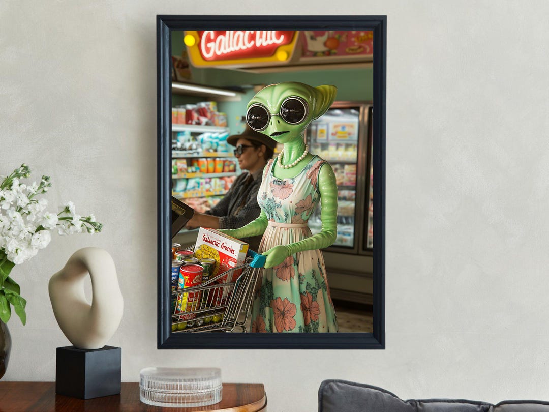 Alien Grocery Shopping Wall Art, Retro Sci-fi Home Decor, Cute Funny ...