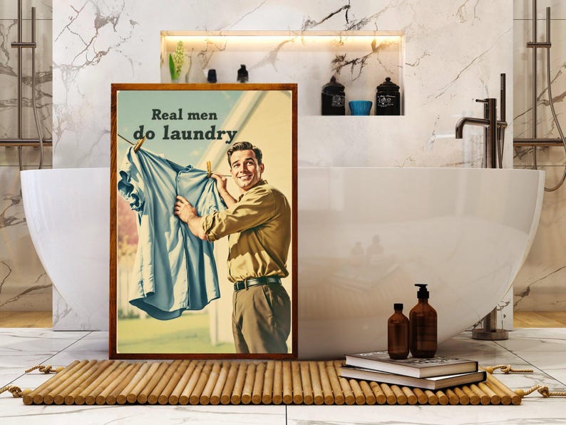 Funny Laundry Wall Art, Retro Style Poster, Real Men Do Laundry Sign, Humorous Home Decor ...