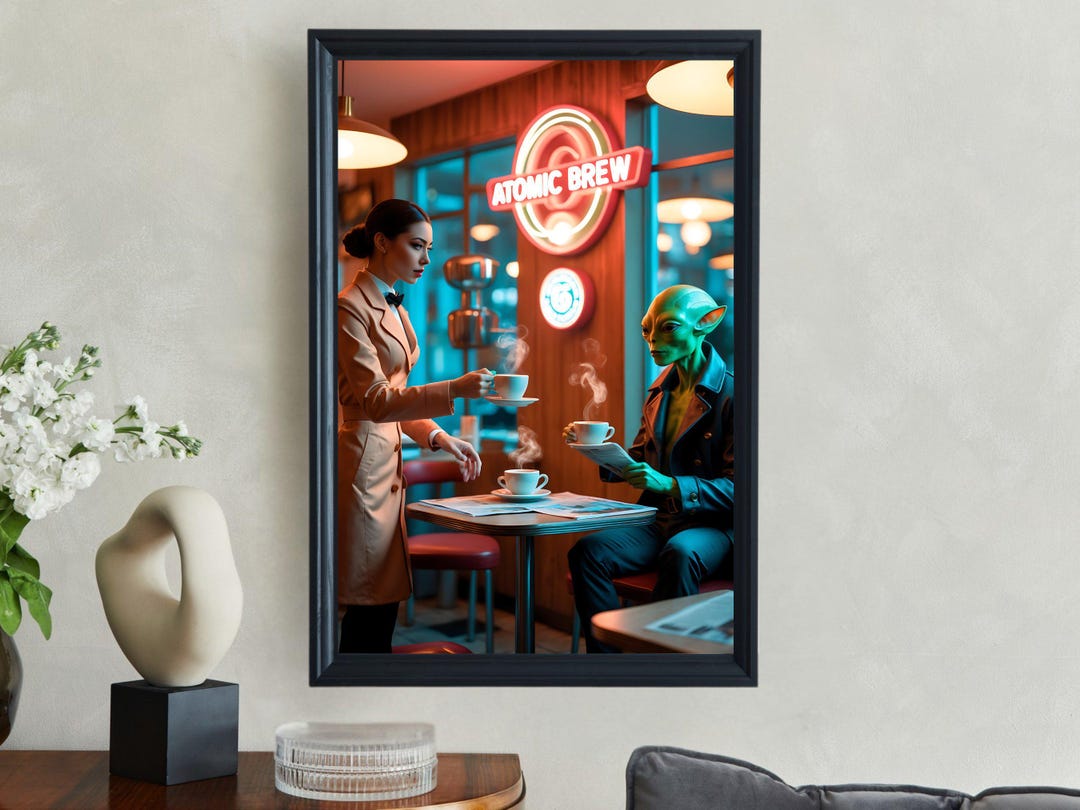 Retro Diner Wall Art, Alien Cafe Scene Print, Mid Century Modern Wall ...