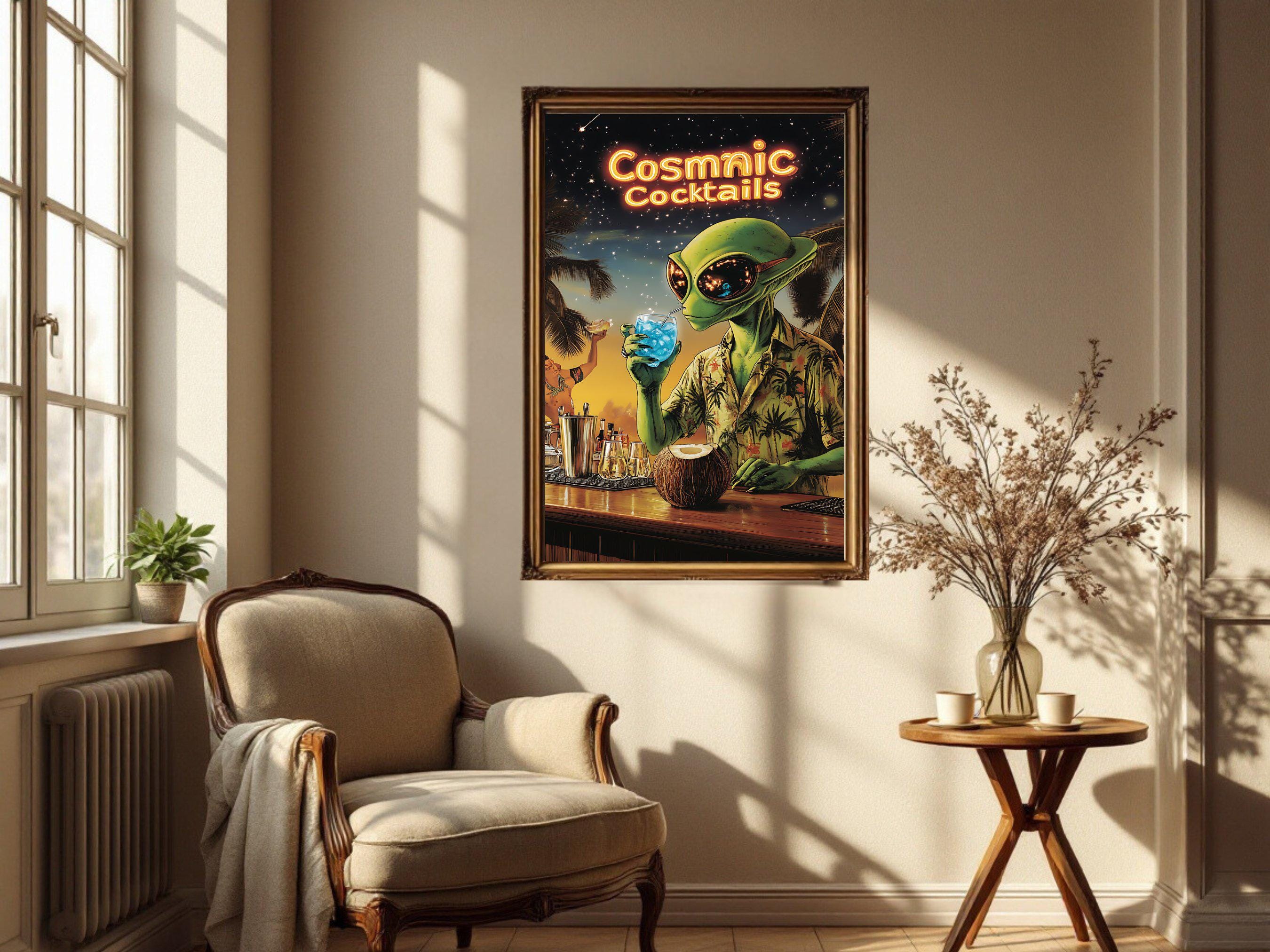 Retro Alien Art, Cosmic Cocktails Poster, Sci-fi Alien Bar Decor, Space ...