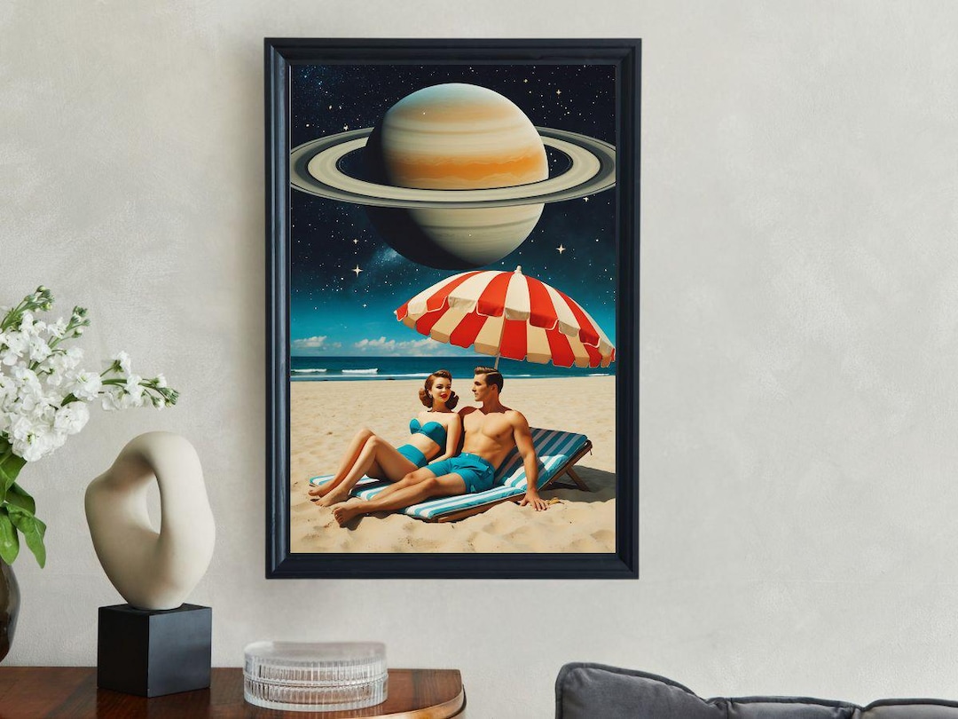 Retro Beach Scene Wall Art, Saturn and Stars, Vintage Aesthetic Print ...