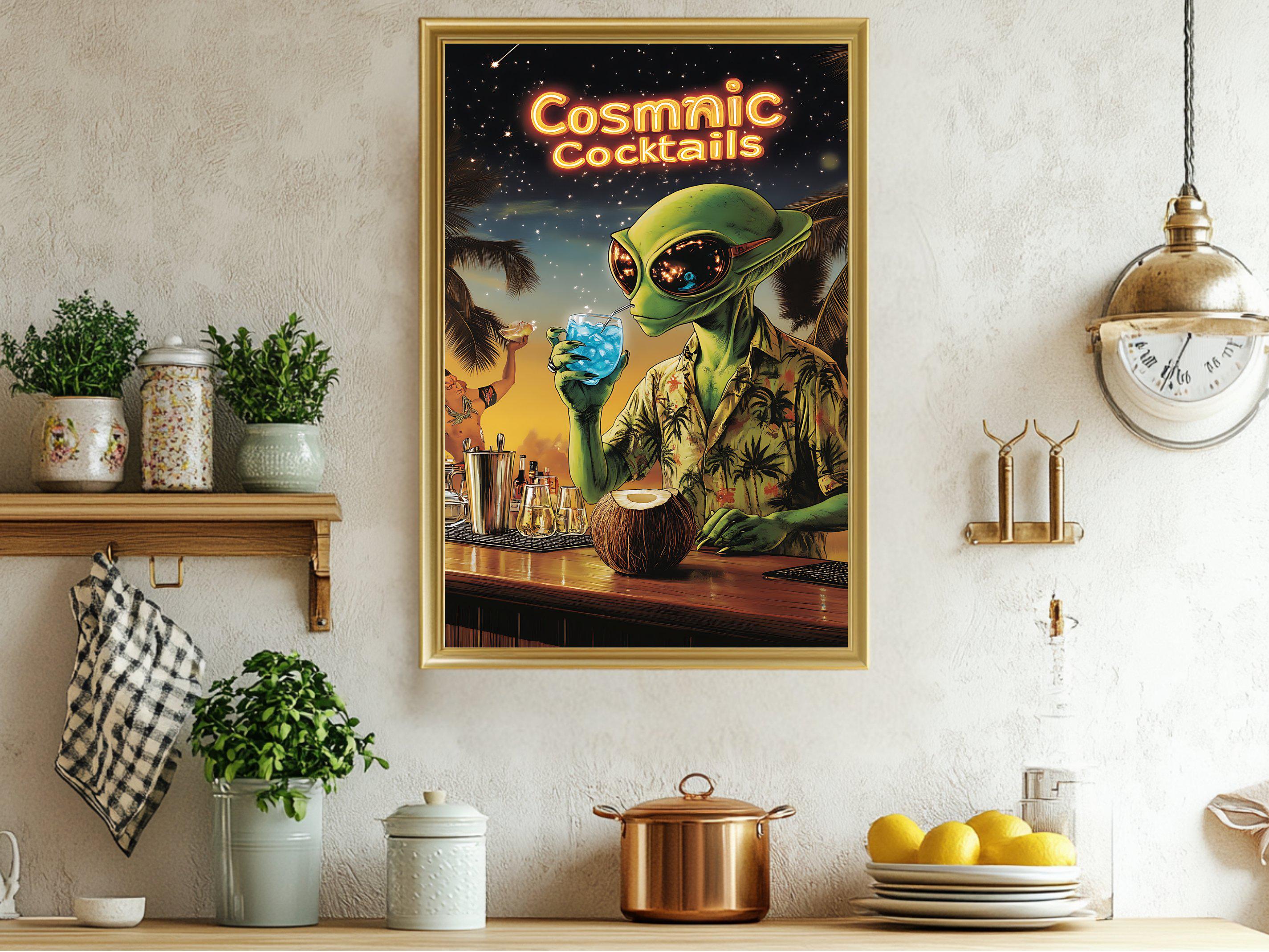 Retro Alien Art, Cosmic Cocktails Poster, Sci-fi Alien Bar Decor, Space ...