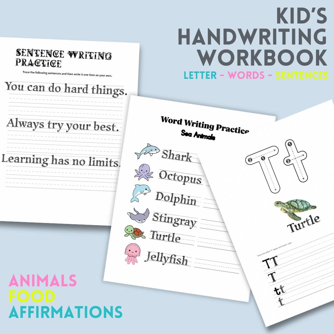 80pg Kids Learning Handwriting Printables Workbook Worksheet Download ...