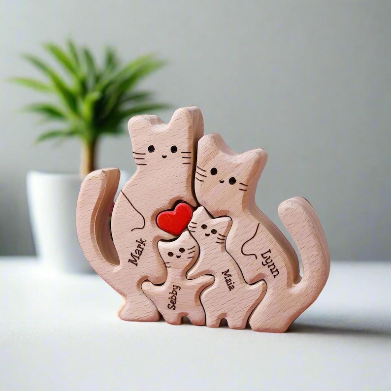 Wooden Cat Family Puzzle: Personalized Oak Keepsake Gift - Etsy