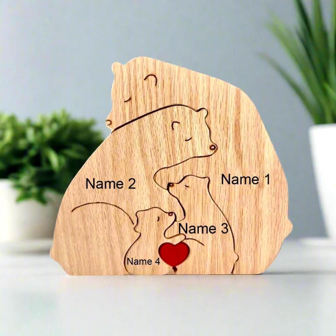 Personalized Oak Wood Hugging Bear Family Puzzle: Custom Engraved Home ...