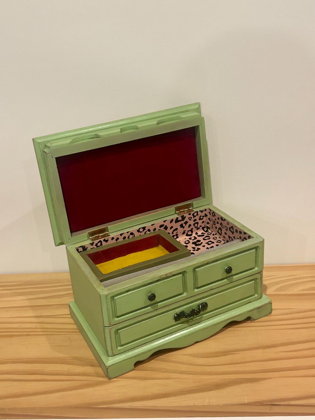 Vintage,green Shabby Chic Upcycled Jewelry Box With Leopard Print and ...
