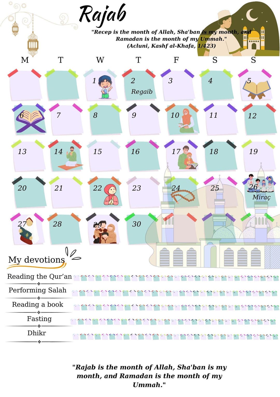Rajab Month Calendar Rajab Month Tally Rajab Activity - Etsy
