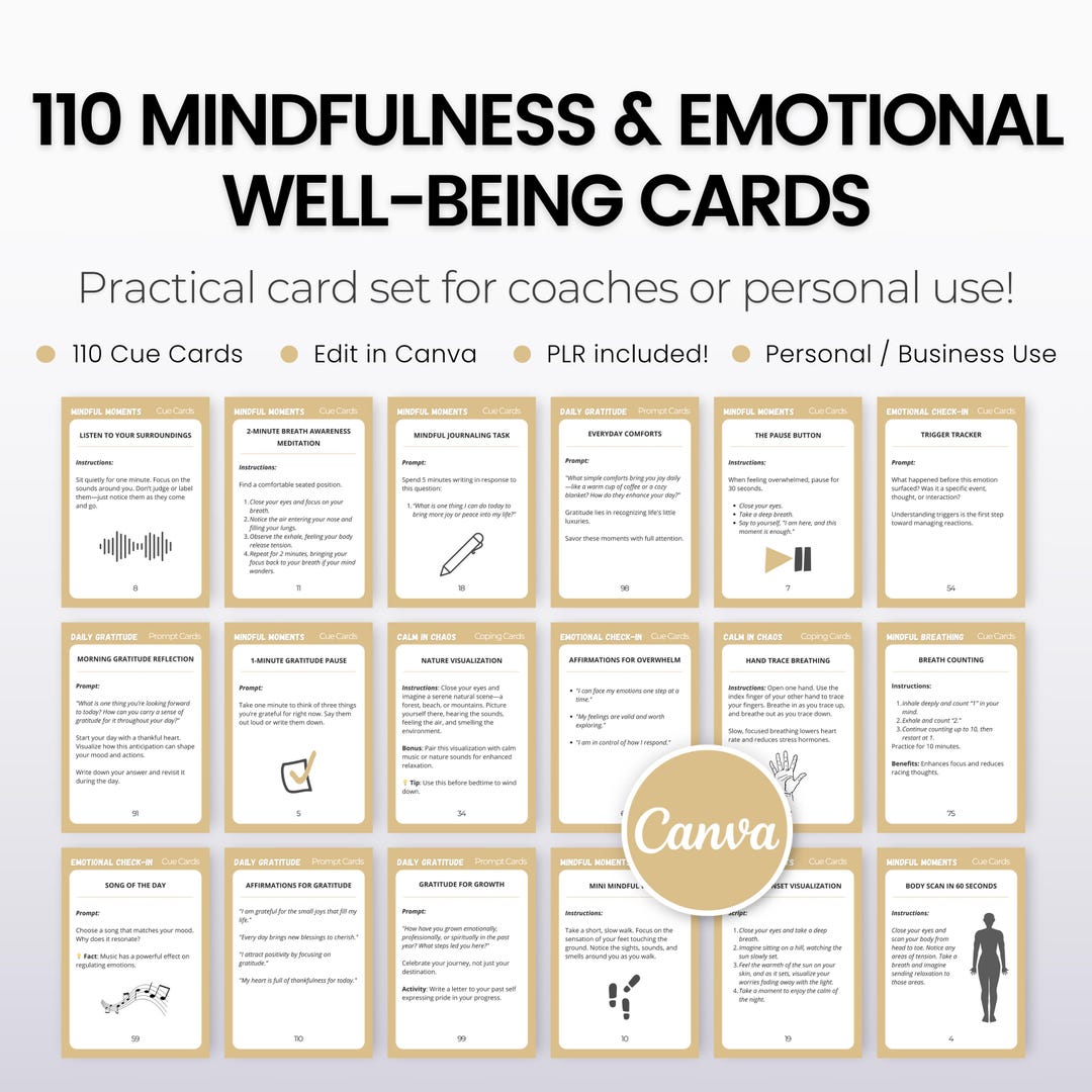 Mindfulness Emotional Well-being Cards PLR Bundle for Coaches, Coaching ...