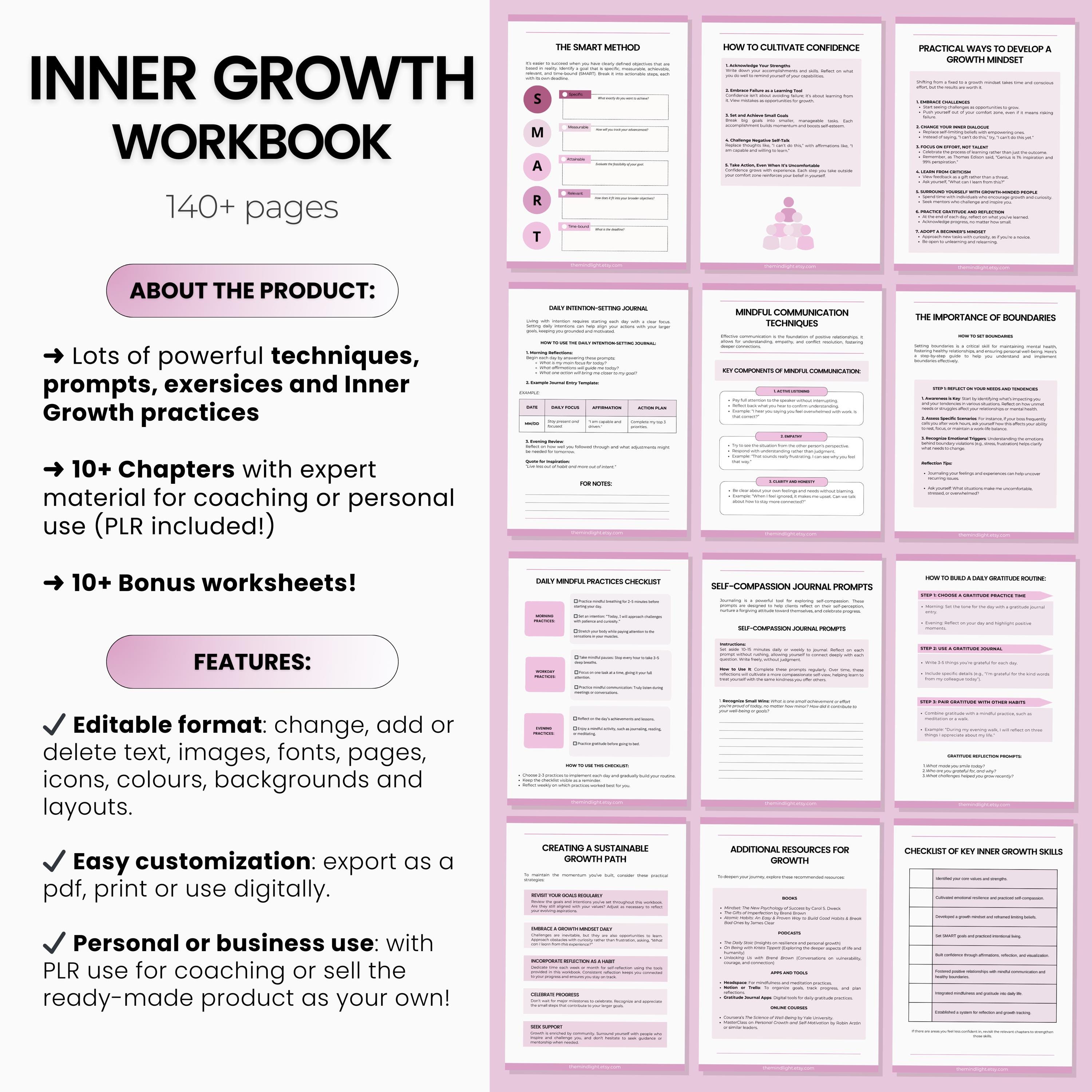 Guided Inner Growth Workbook, Editable Coaching PLR Templates Personal ...