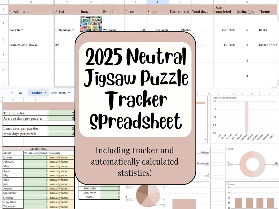 Neutral Jigsaw Puzzle Tracker Google Sheets Spreadsheet Template, Gift ...