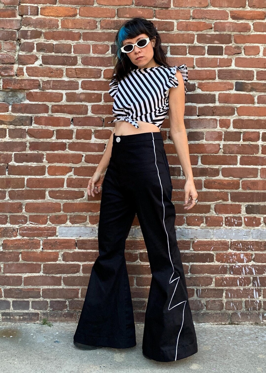 Black and White Striped Blouse Bias Cut Sleeveless Ruffled Crop Top ...