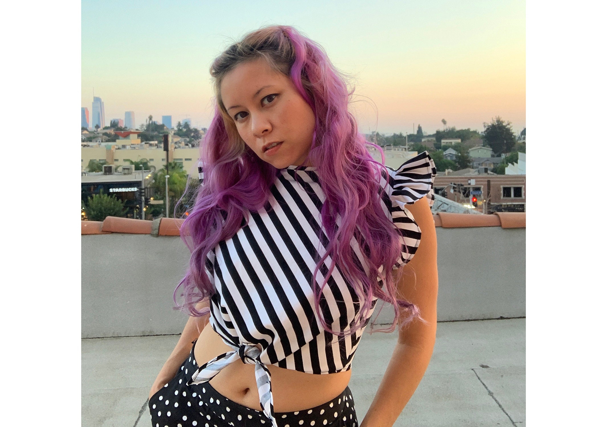 Black and White Striped Blouse Bias Cut Sleeveless Ruffled Crop Top ...