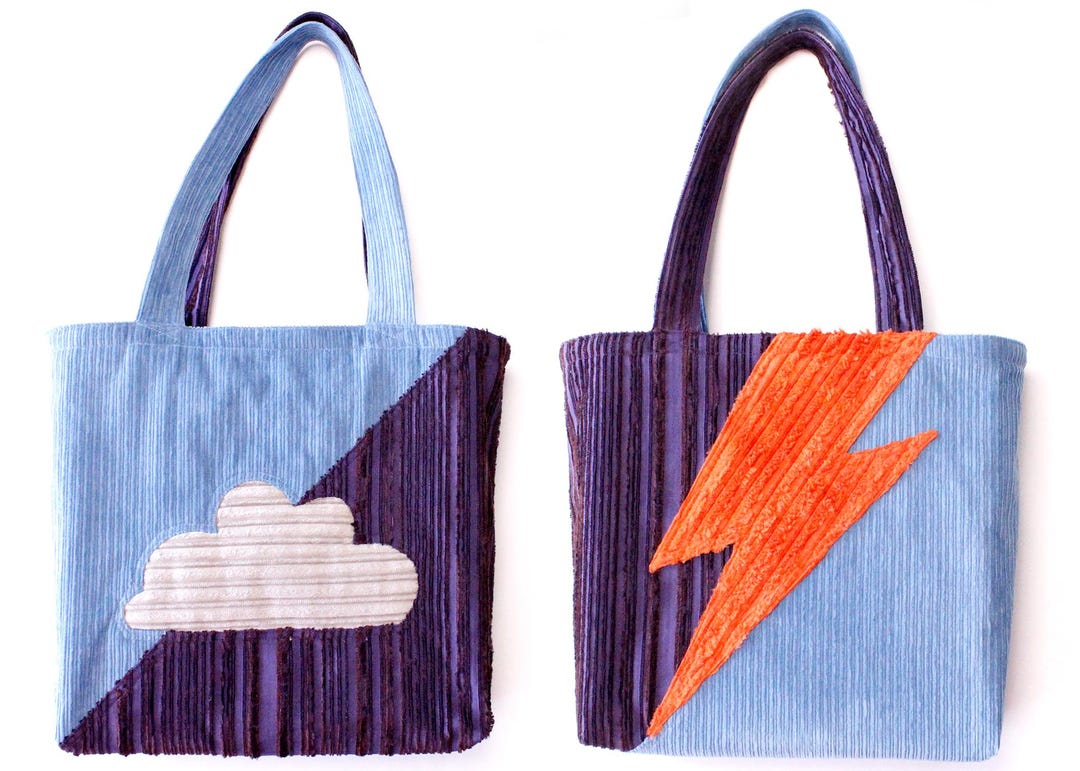 Lightning Bolt Tote Bag - Cloud Motif Record Bag - Colorblocked ...