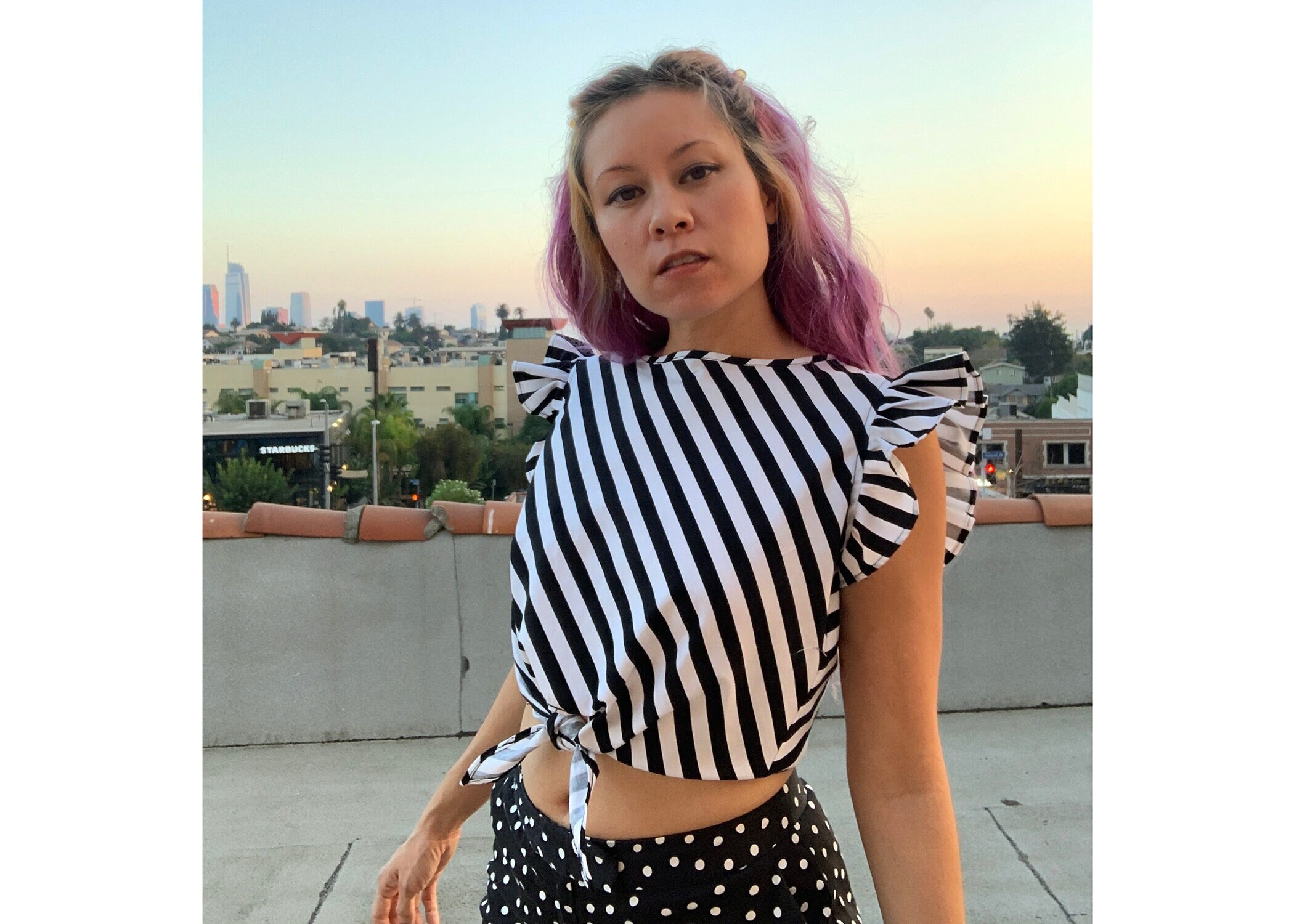Black and White Striped Blouse Bias Cut Sleeveless Ruffled Crop Top ...