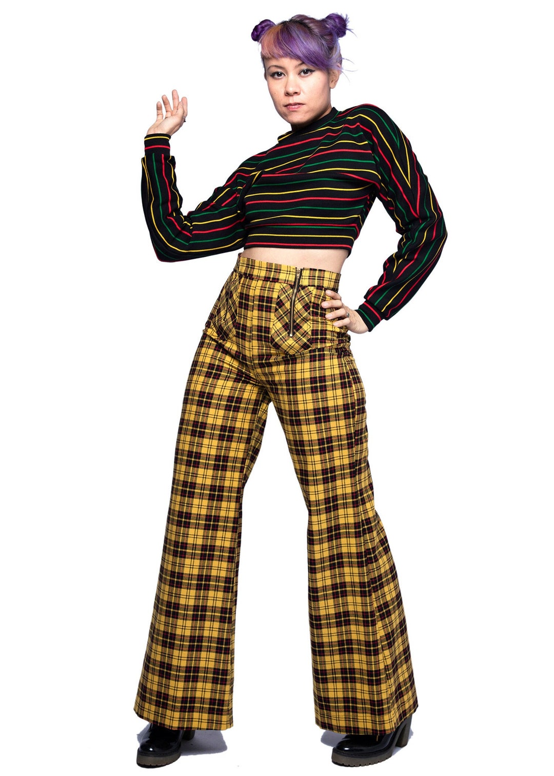 Yellow Plaid Pants Nemisis Trousers Wide Leg High Waisted Sailor Pants ...