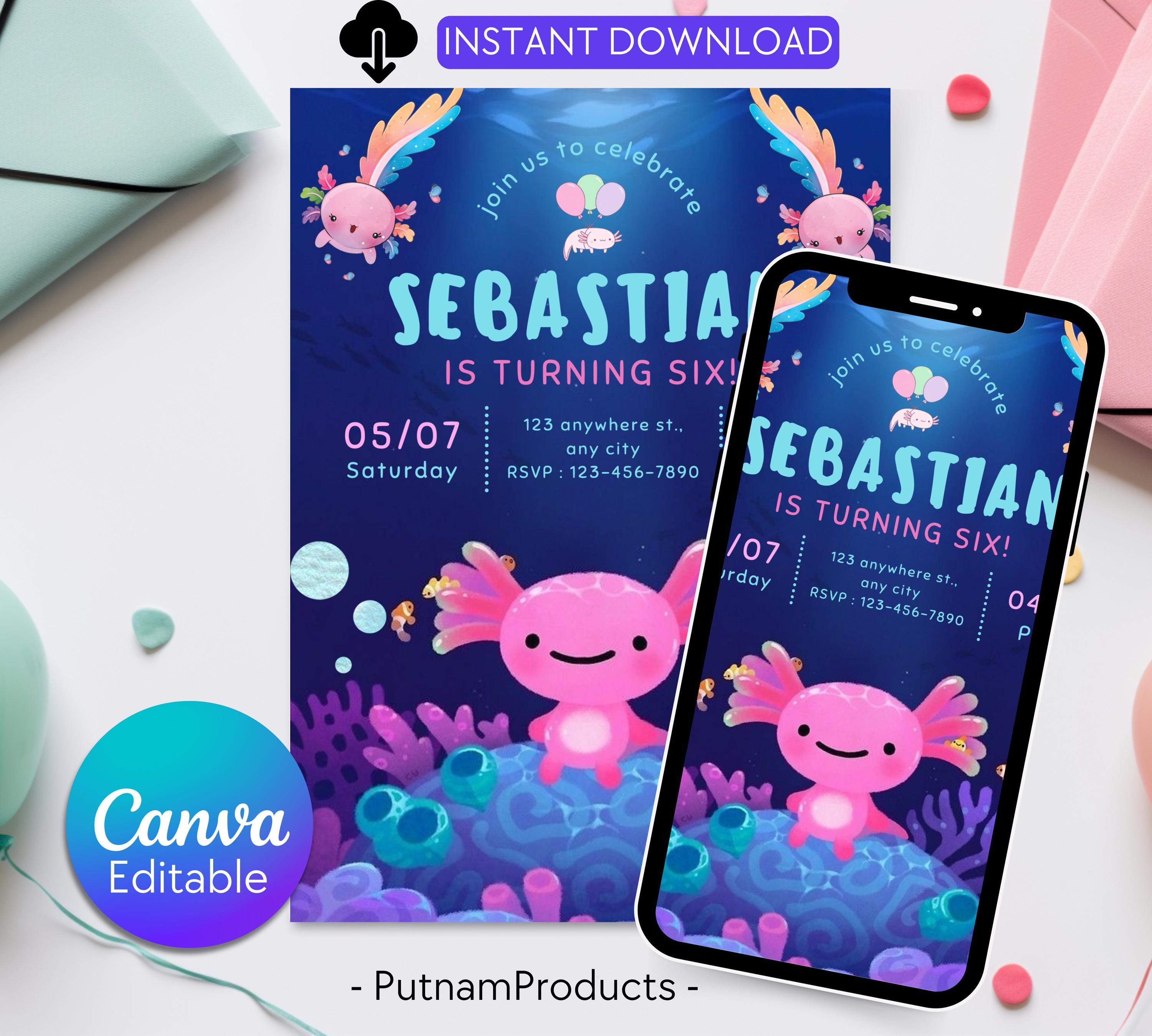 Axolotl Birthday Invitation| Editable Axolotl Birthday Invitation| Pink ...