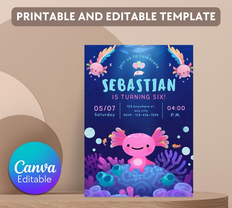 Axolotl Birthday Invitation| Editable Axolotl Birthday Invitation| Pink ...
