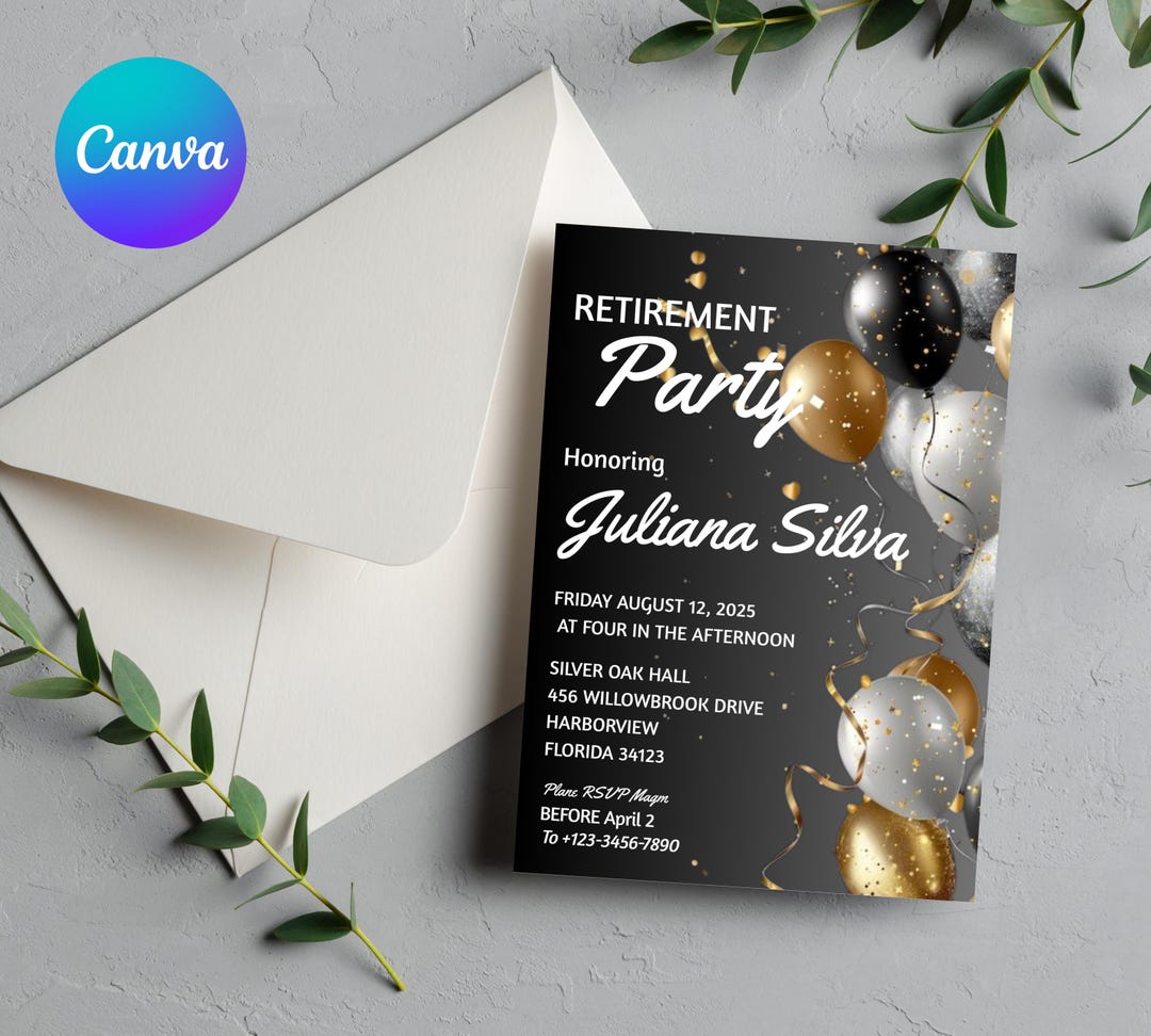 Editable Retirement Party Invitation Templates, Elegant Gold White ...