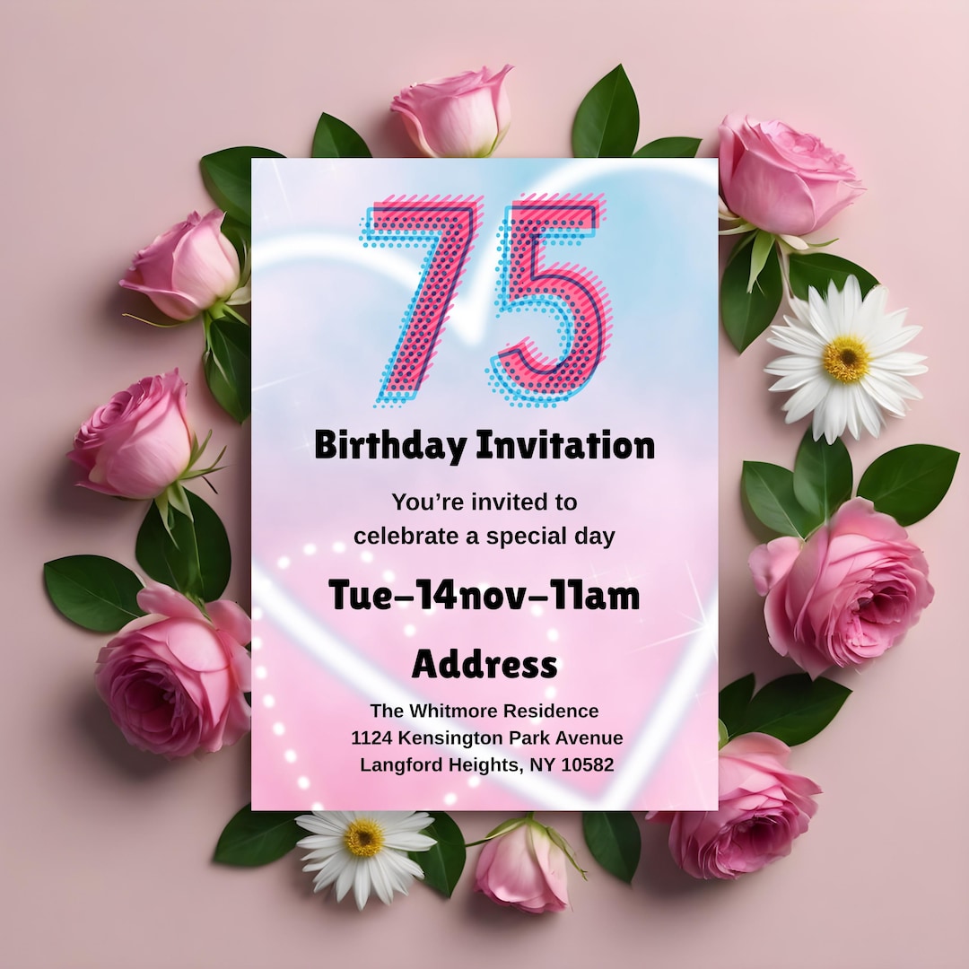 Editable 75th Birthday Invitation for Her, Simple Loving Invite ...