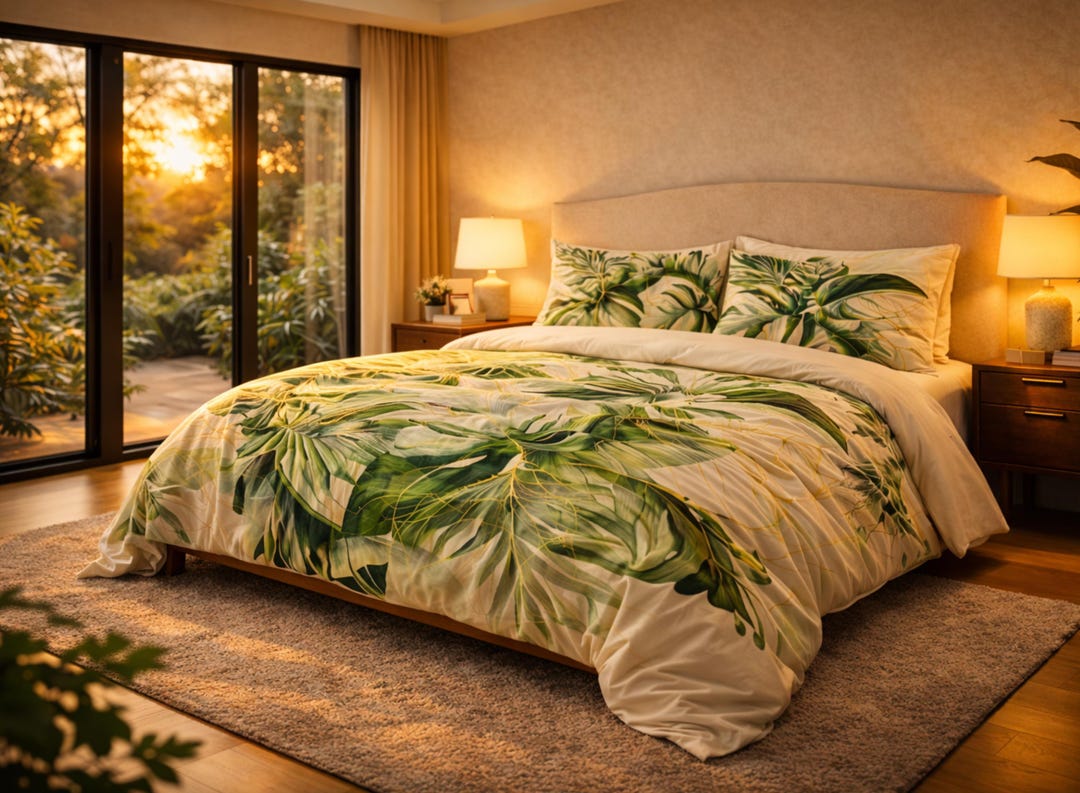 100% Cotton Monstera Duvet Cover, Tropical Gold Leaf Bedding Set ...