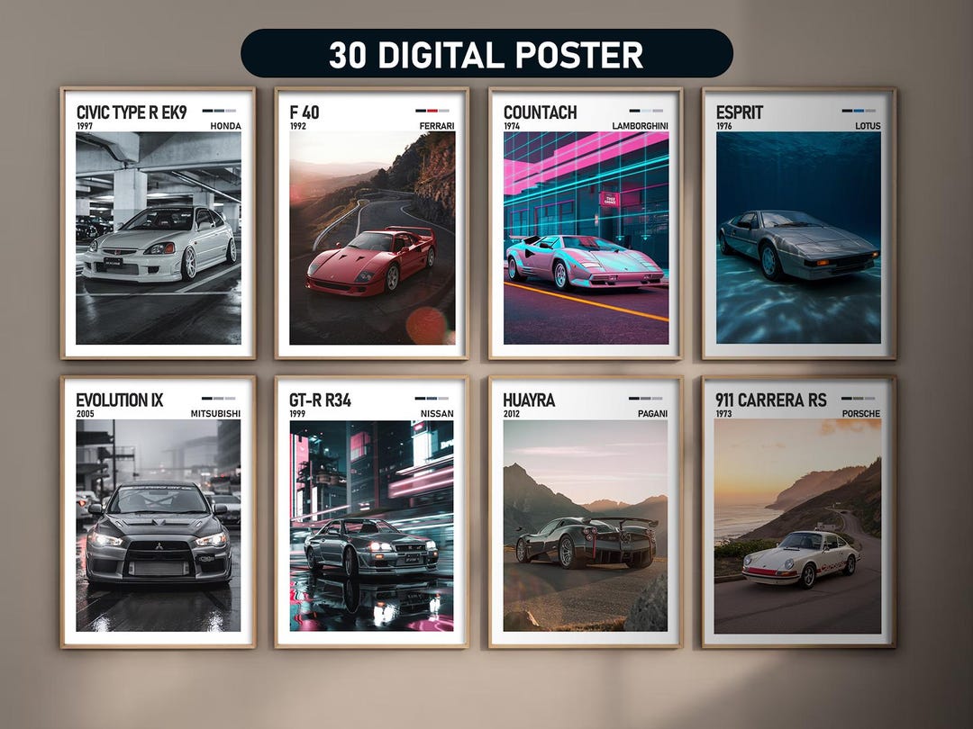 Set of 30 Most Popular Car Posters | Digital Download Gift for Car Fans ...